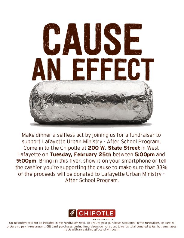 THIS TUESDAY (2/25) - Chipotle Fundraising Night - Lafayette Urban Ministry